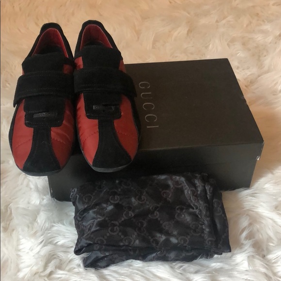 Gucci | Shoes | Authentic Silk And Suede Red Black Gucci Drivers | Poshmark